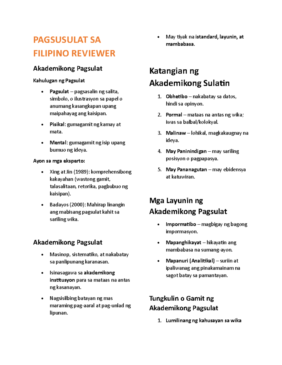 PAGSUSULAT SA FILIPINO REVIEWER: Akademikong Pagsulat at Bionote - Studocu
