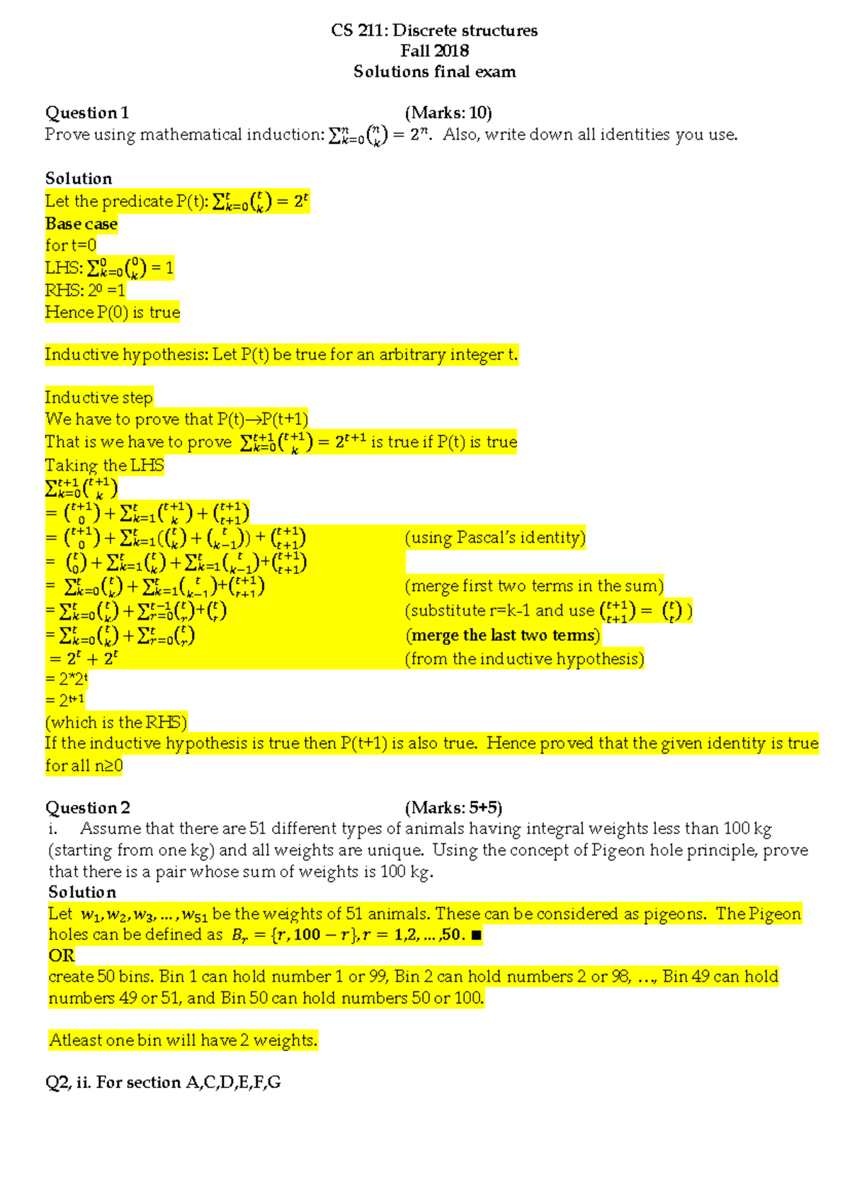 CS 211: Fall 2018 Final Exam Solutions for Discrete Structures - Studocu