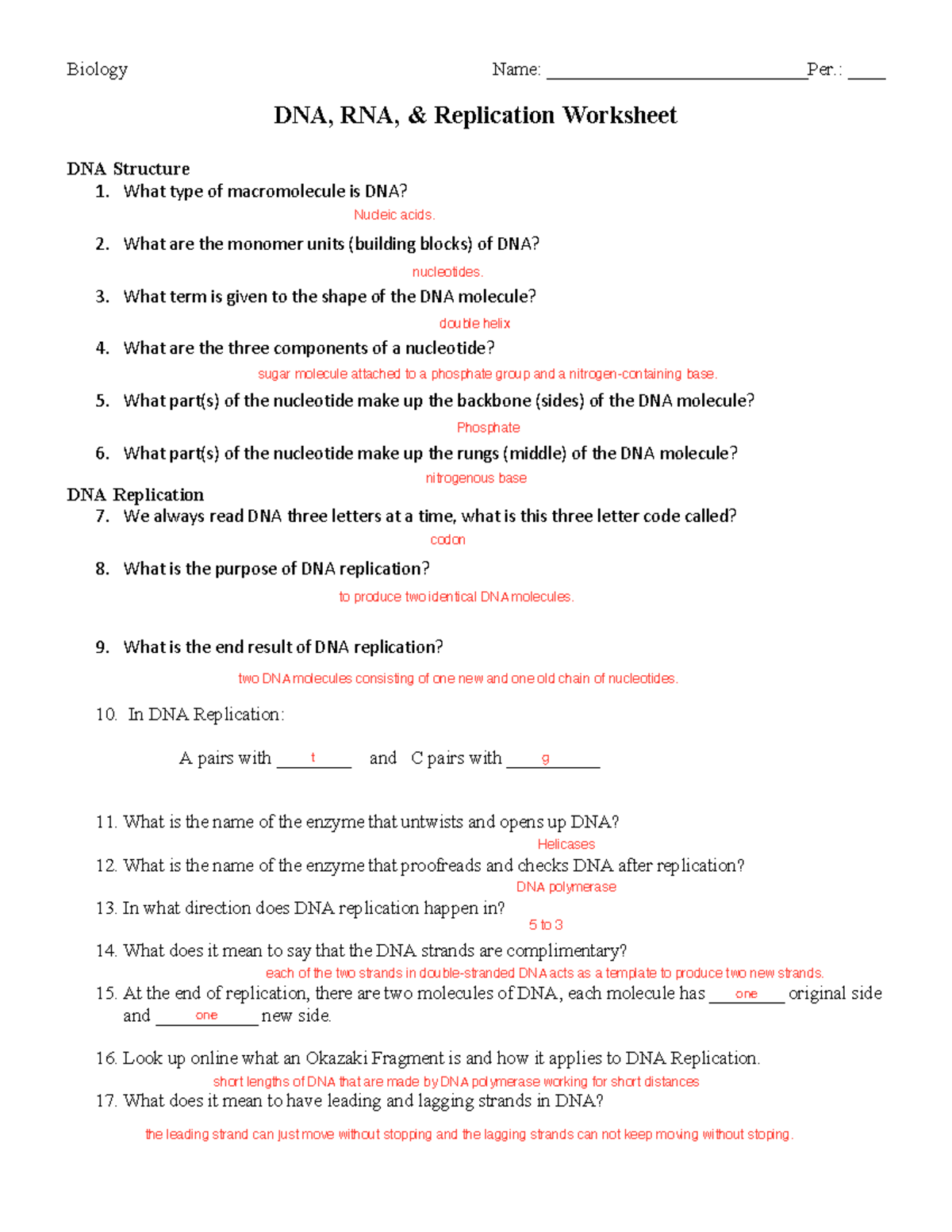 DNA & Replication Practice Worksheet for Biology Class - Studocu