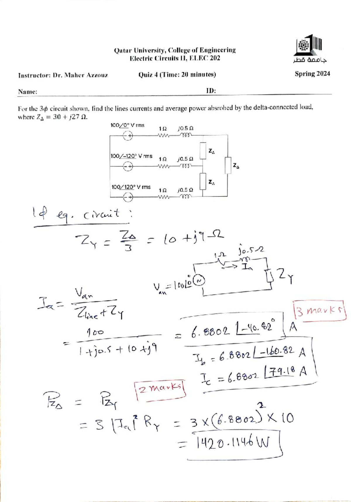ELEC 202 Quiz 4 Solutions - Electric Circuits II, Spring 2024 - Studocu