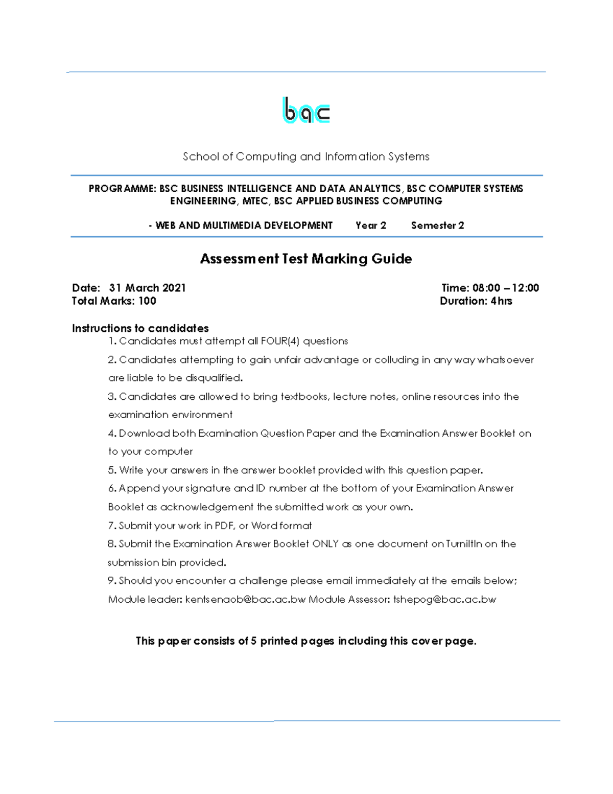 WMD- Year 2 Sem 2 Assessment Test Marking Guide - 31 March 2021 - Studocu