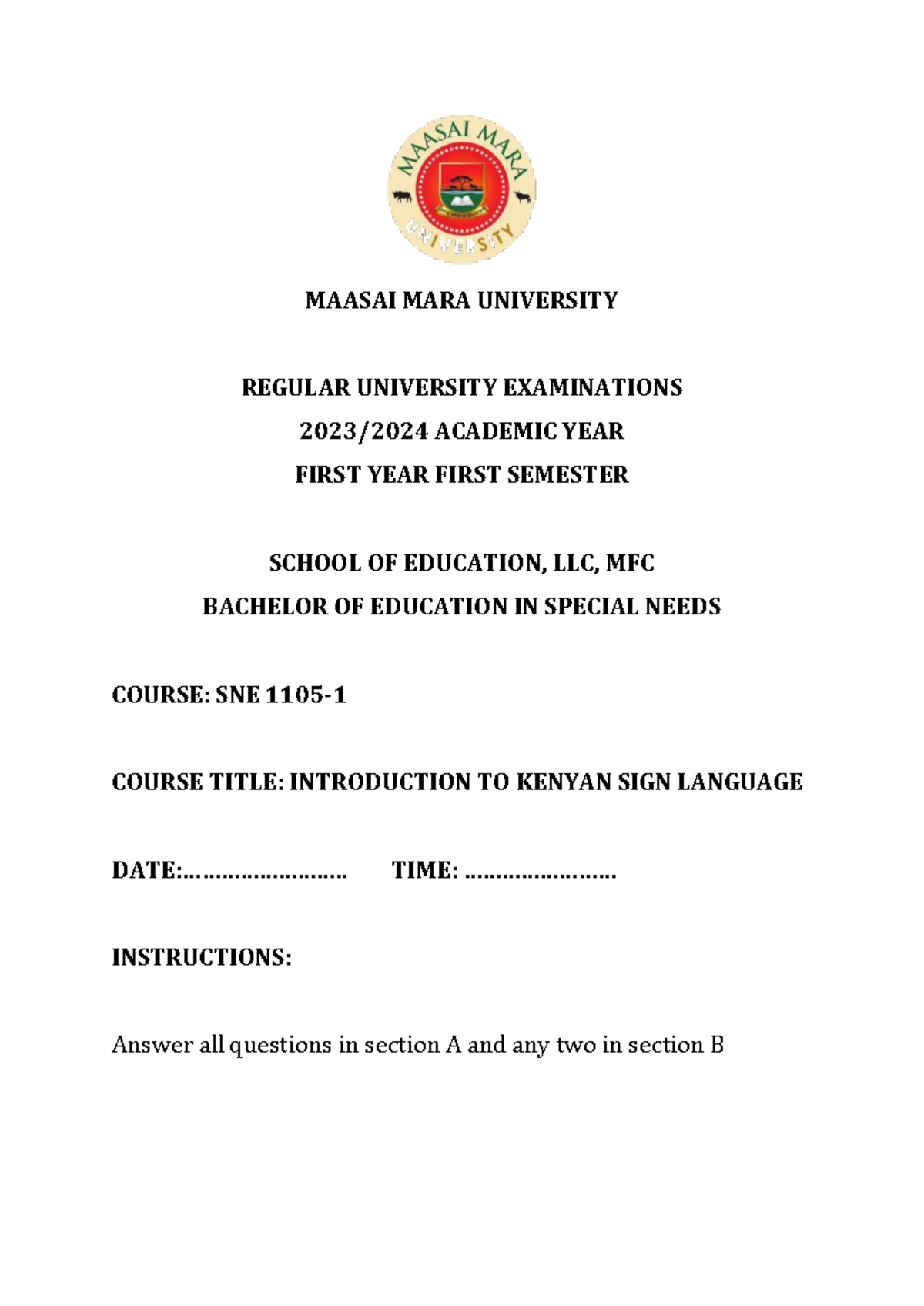 SNE 1105-1: Lecture Notes on Kenyan Sign Language Exam - Studocu