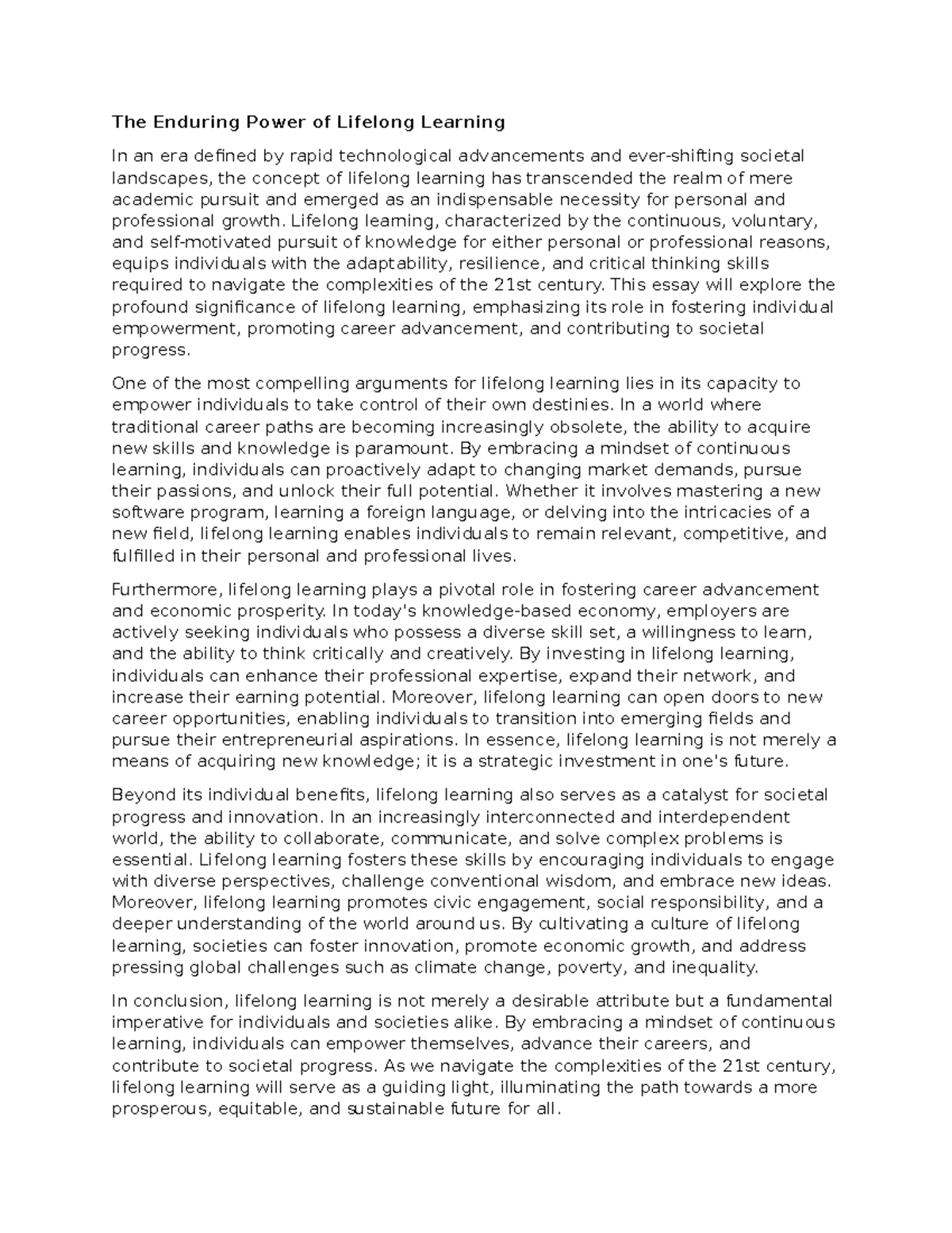 Lifelong Learning: A Key to Personal and Societal Growth - Studocu