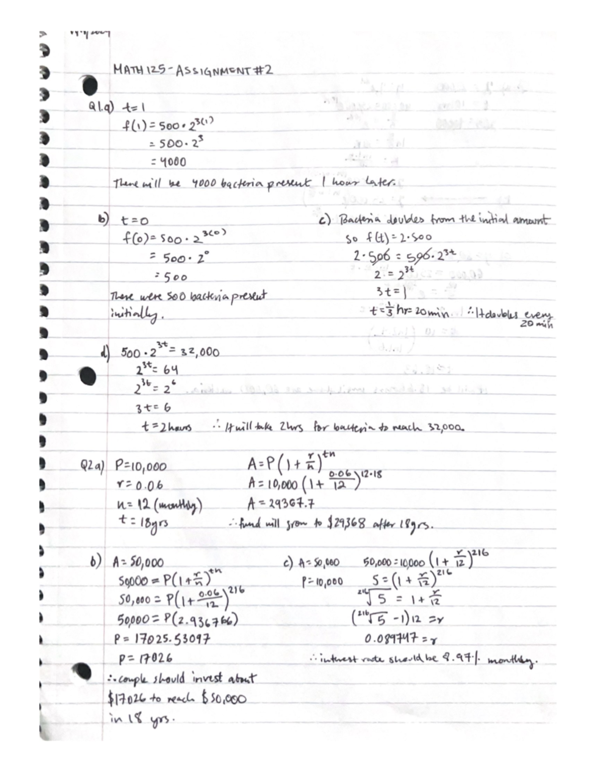 Math125assignment 2 - math assignment - MATH Q1) There will be bacteria ...