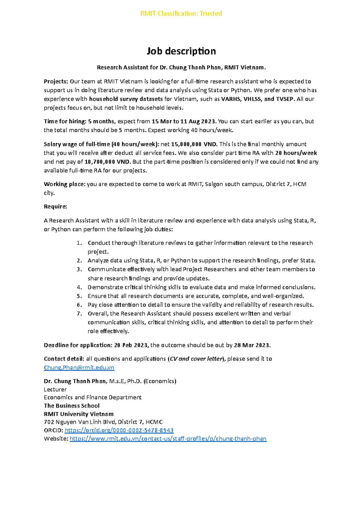 RMIT VN Research Assistant Job Description - Dr. Chung Thanh Phan - Studocu
