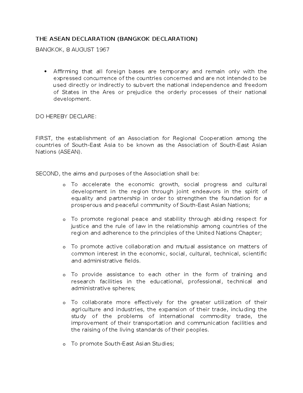 Bangkok Declaration - Educational - THE ASEAN DECLARATION (BANGKOK ...
