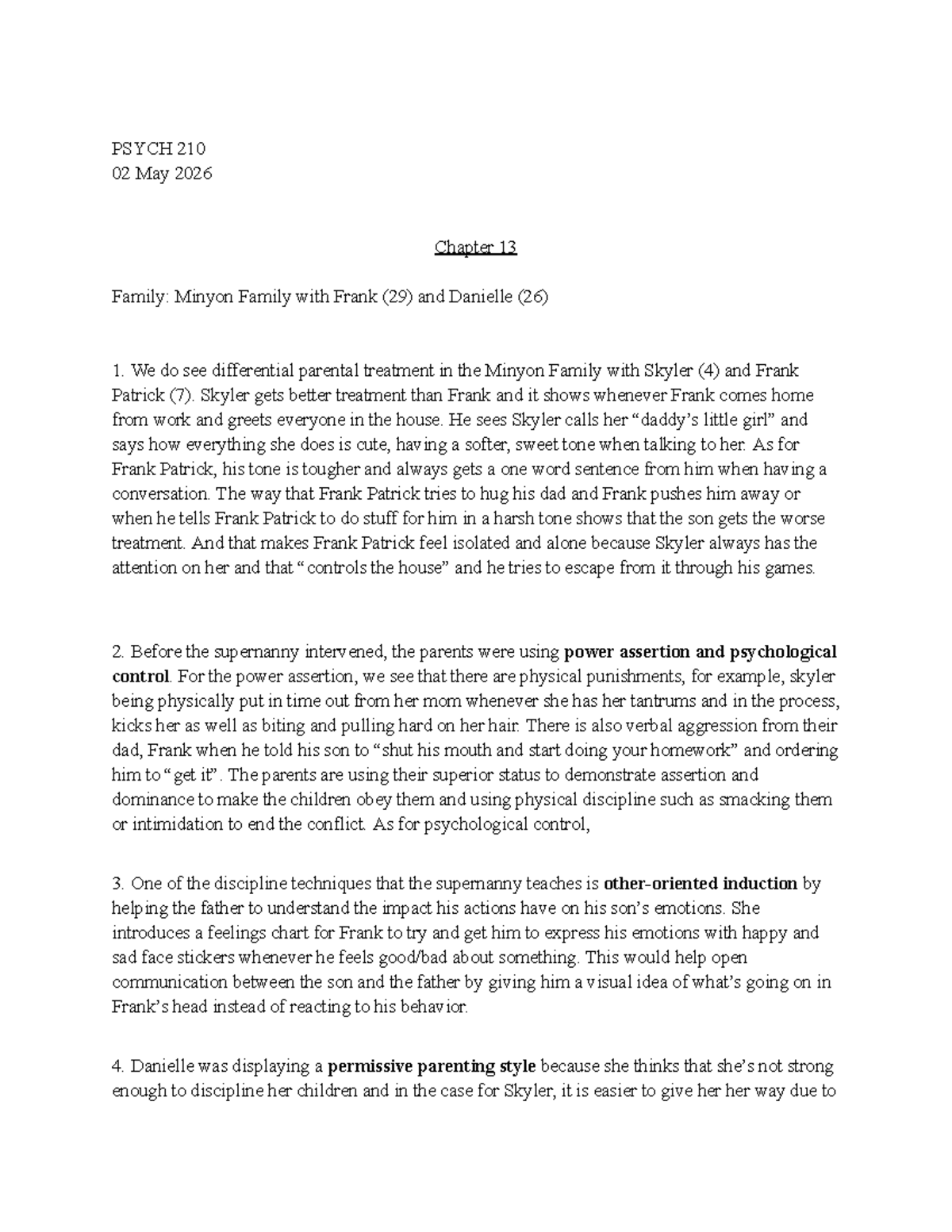 PSYCH 210 02 May 2026 Chapter 13 Family Dynamics: Minyon Family ...