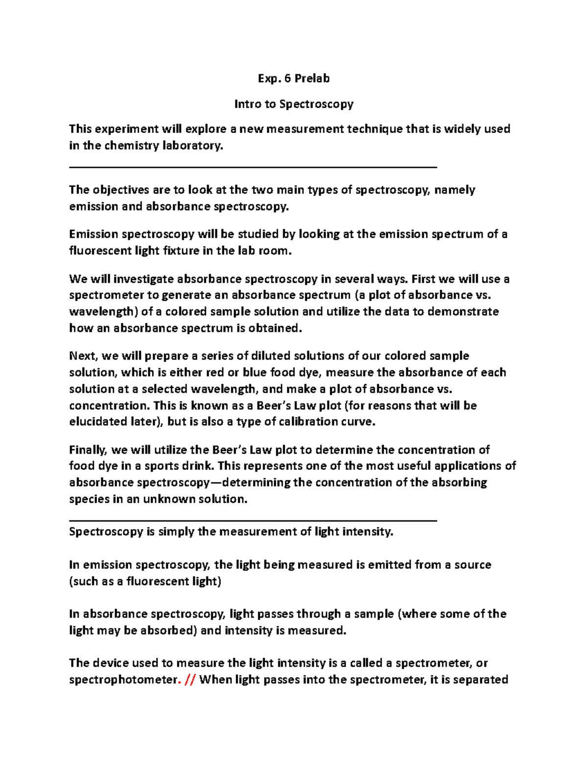 Exp. 6 Prelab: Introduction to Emission and Absorbance Spectroscopy ...