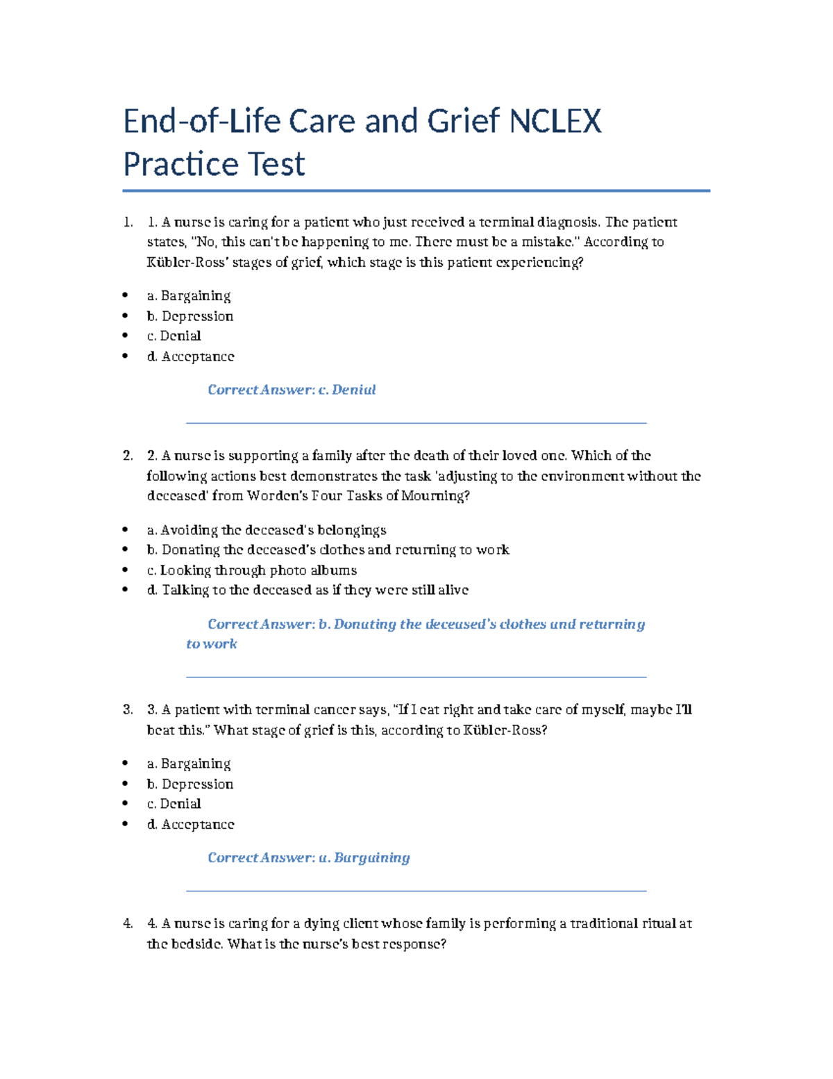 NCLEX Practice Test: End of Life Care & Grief Management - Studocu
