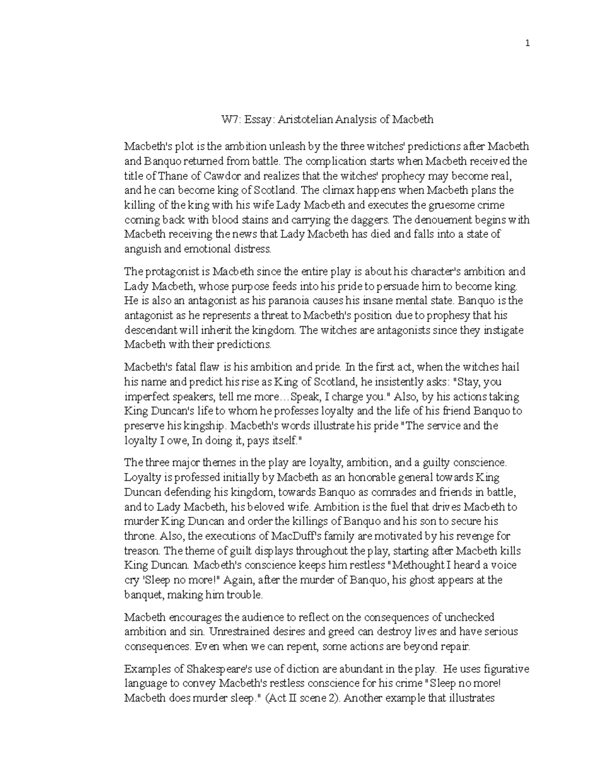 W7 Essay Aristotelian Analysis of Macbeth - 1 W7: Essay: Aristotelian ...