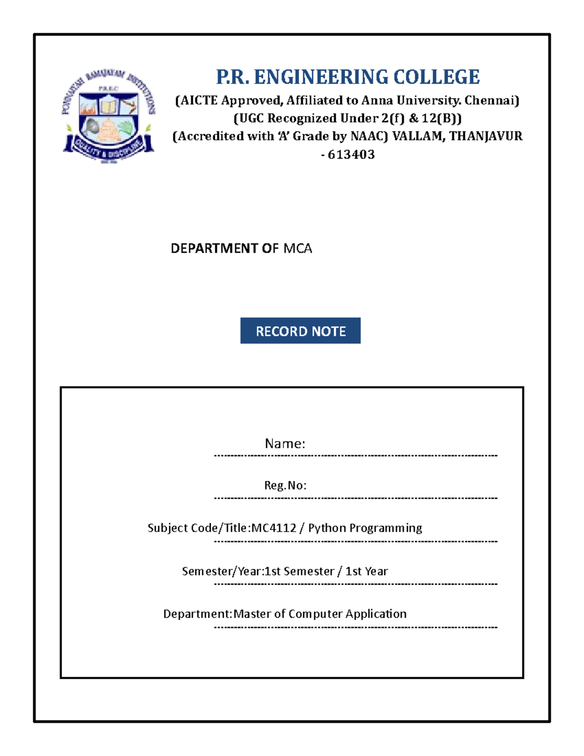 MC4112 Python Programming Lab Manual: Practical Exercises & Programs - Studocu