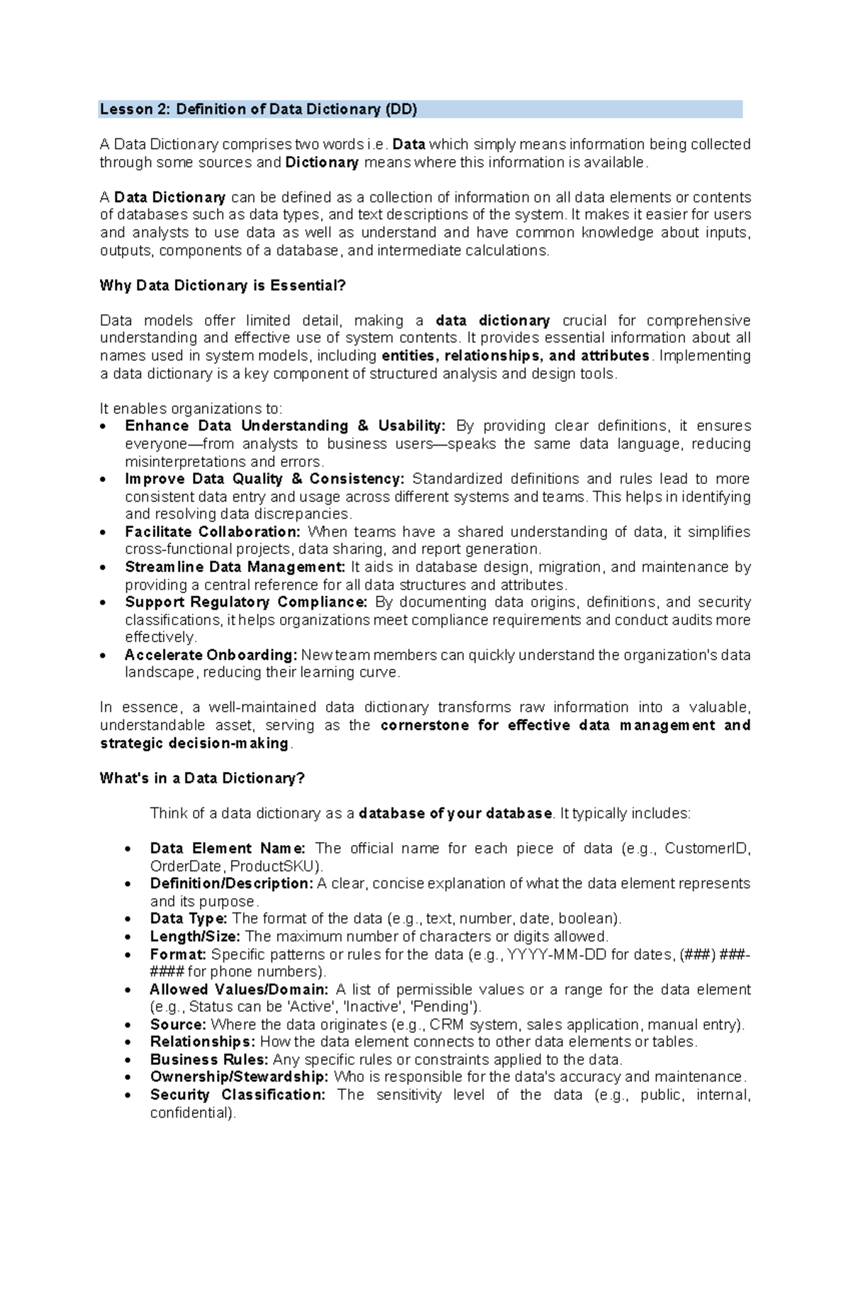 Module 4: Lesson 2 - Understanding Data Dictionary (DD) - Studocu