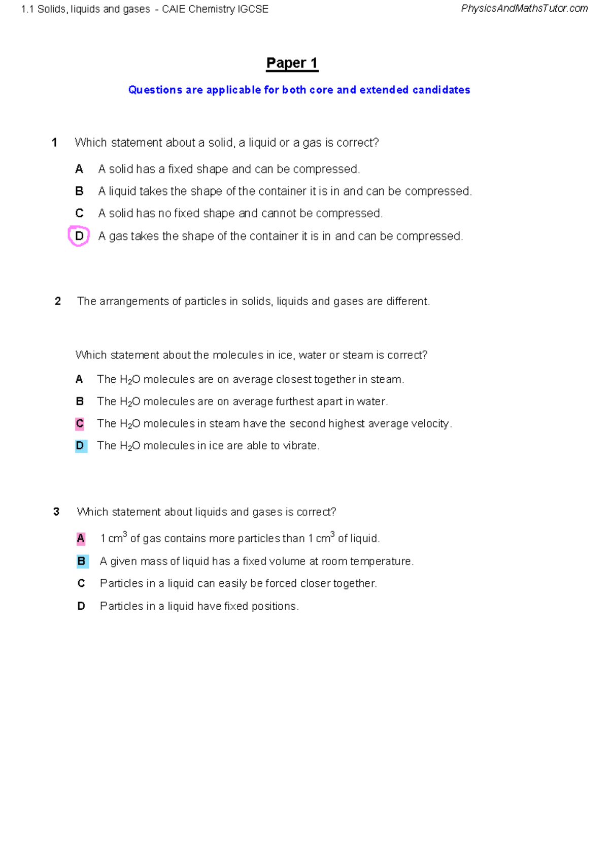1.1 Solids, Liquids, and Gases MCQ Questions - CAIE Chemistry IGCSE ...