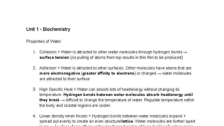 Unit 1 AP Biology Review: Properties of Water Explained - Studocu