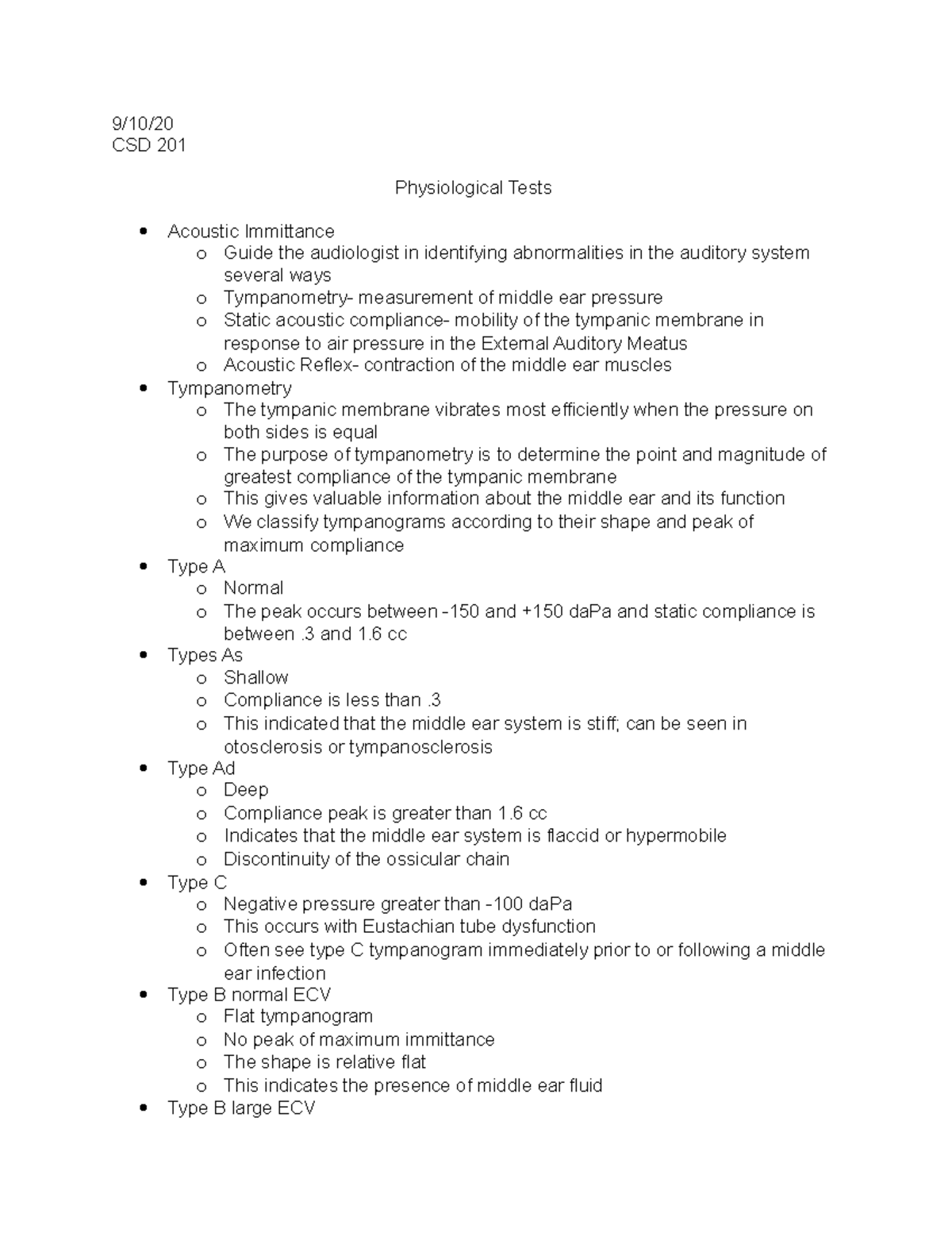 Lecture 5 Notes - 9/10/ CSD 201 Physiological Tests Acoustic Immittance ...