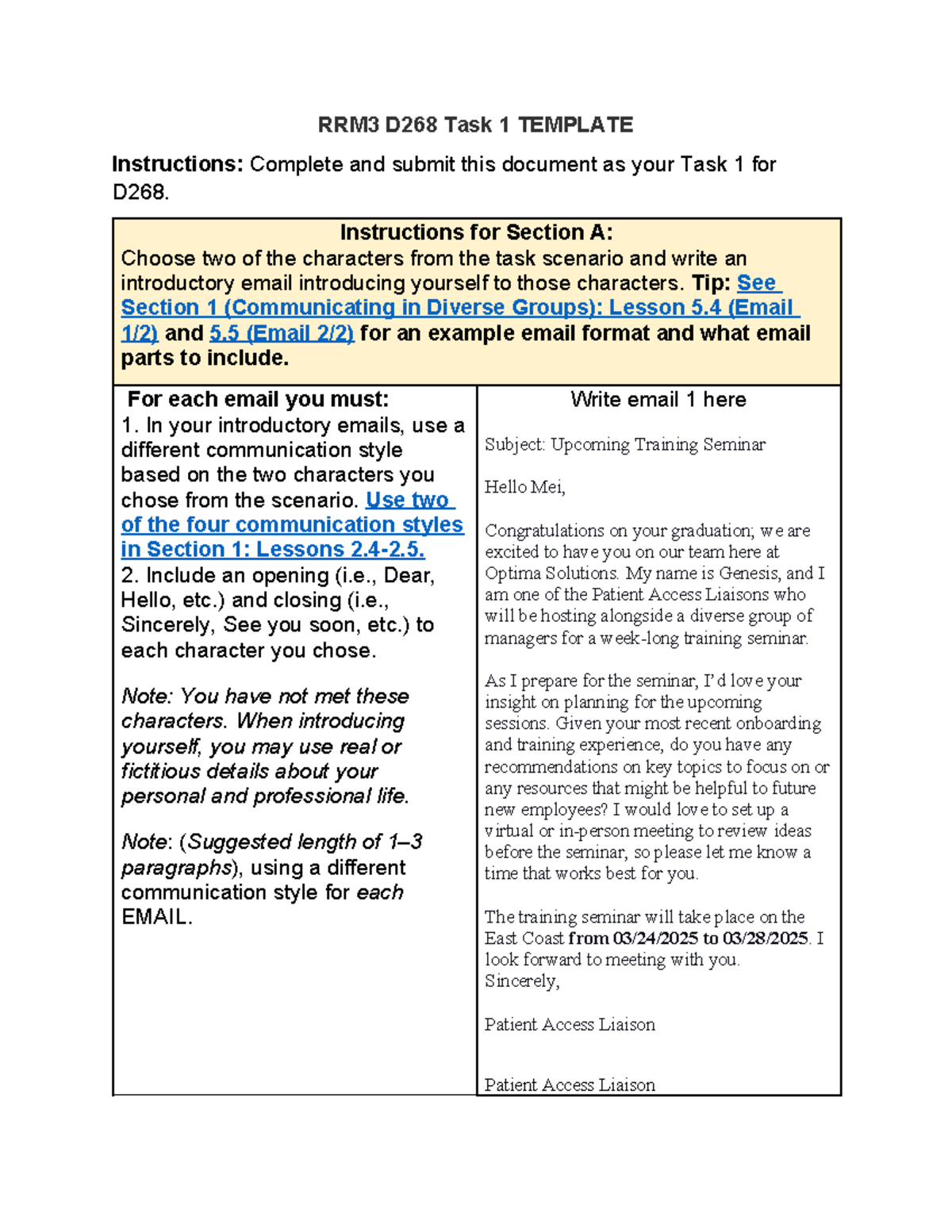 Communications D268 Task 1: Introductory Email Template Guide - Studocu
