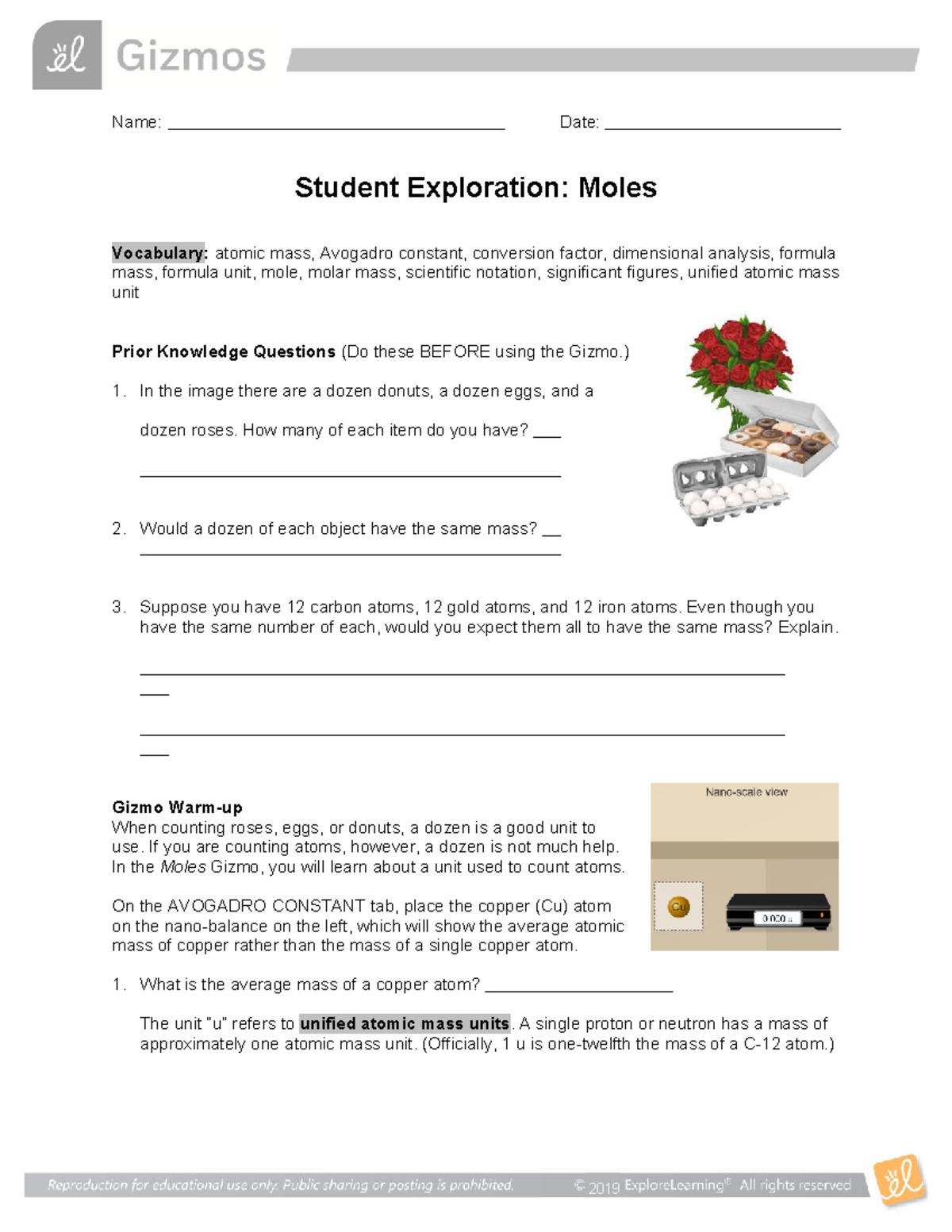 Moles Student Exploration Guide: Understanding Atomic Mass and ...