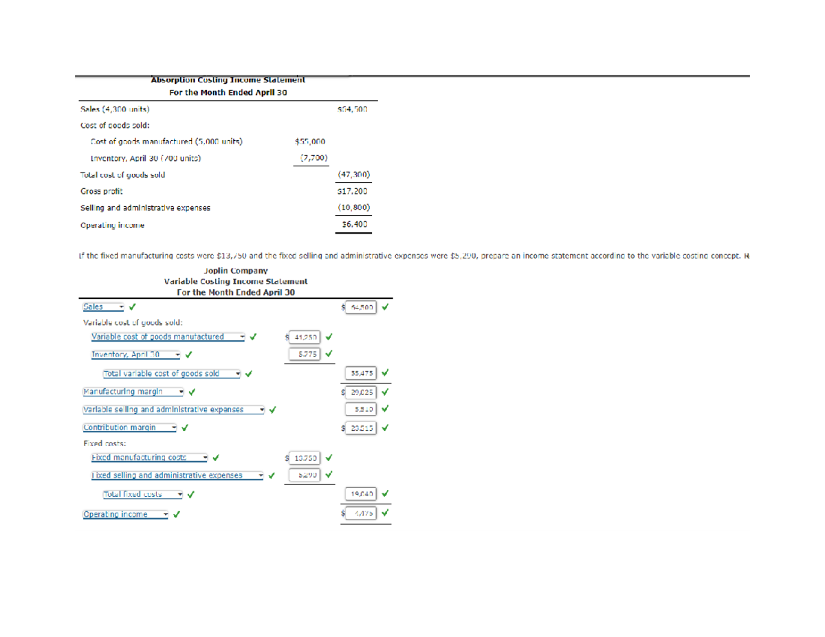 ACC 202 Cengage EX 07 05 ALGO - Absorption Costing Income Statement For ...