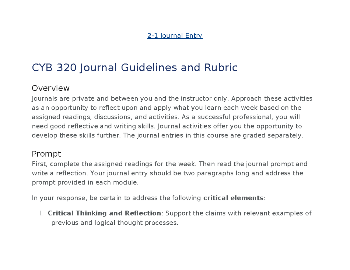 CYB 320 2-1 Journal Entry Guidelines and Grading Rubric - Studocu