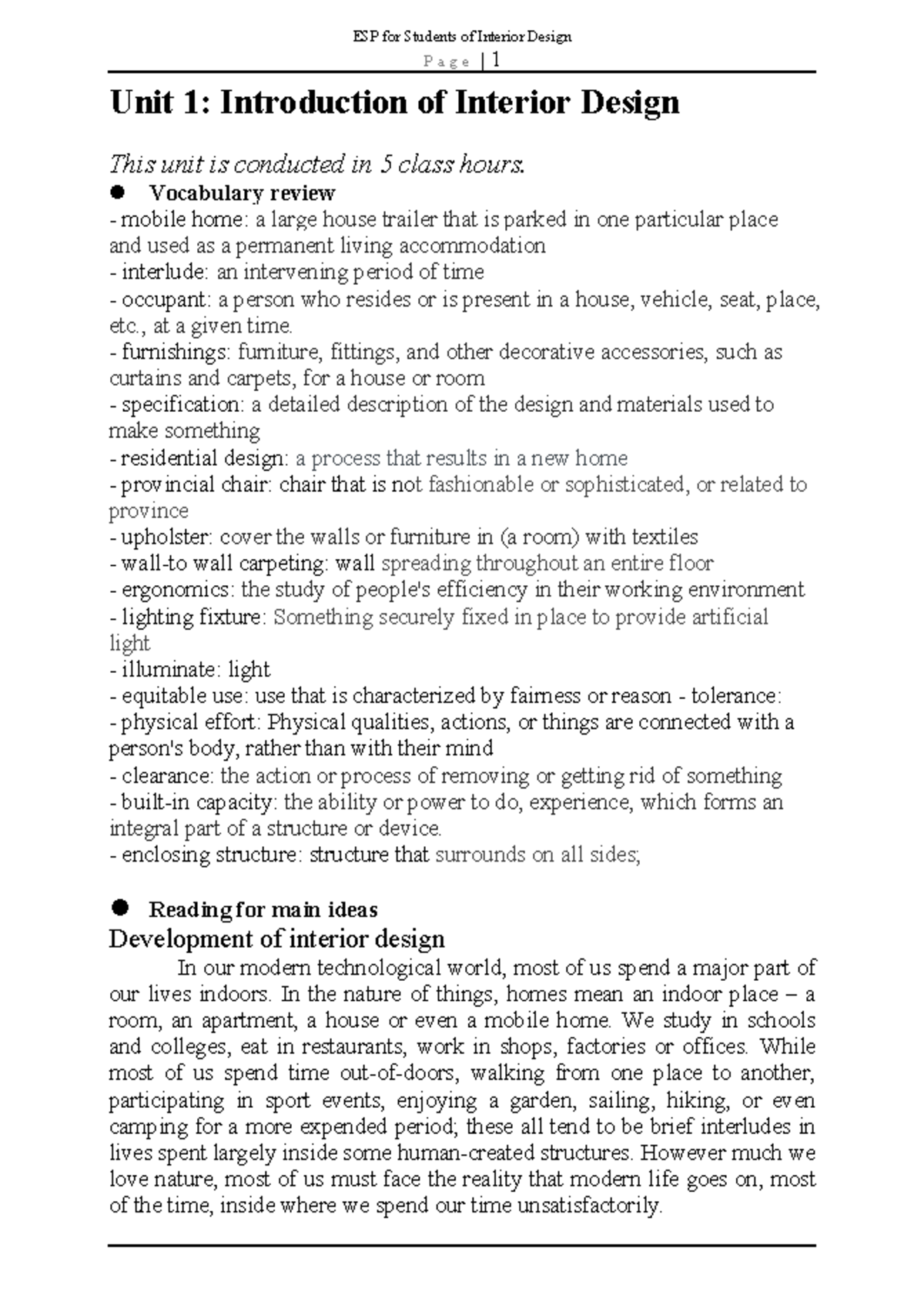 ESP for Students of Interior Design: Unit 1 - Introduction to Interior ...