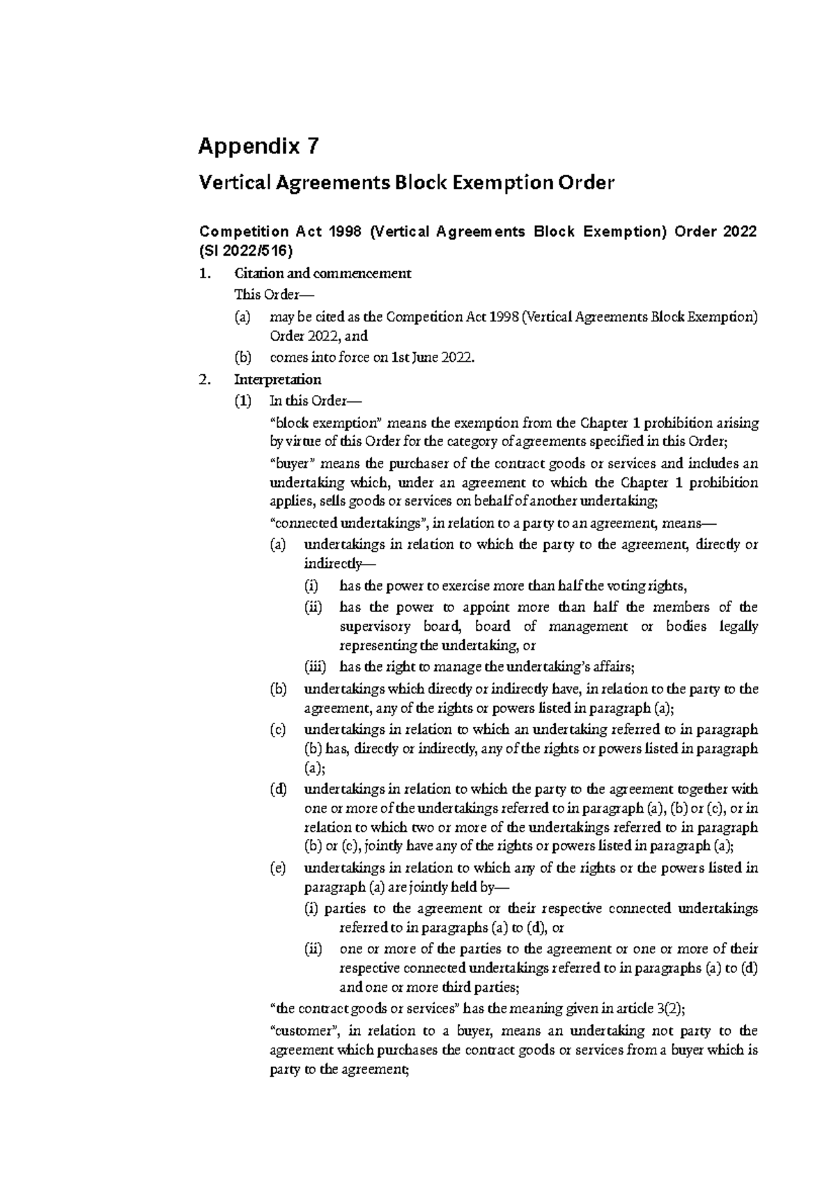 Vertical Agreements Block Exemption Order 2022 - Appendix 7 Analysis ...