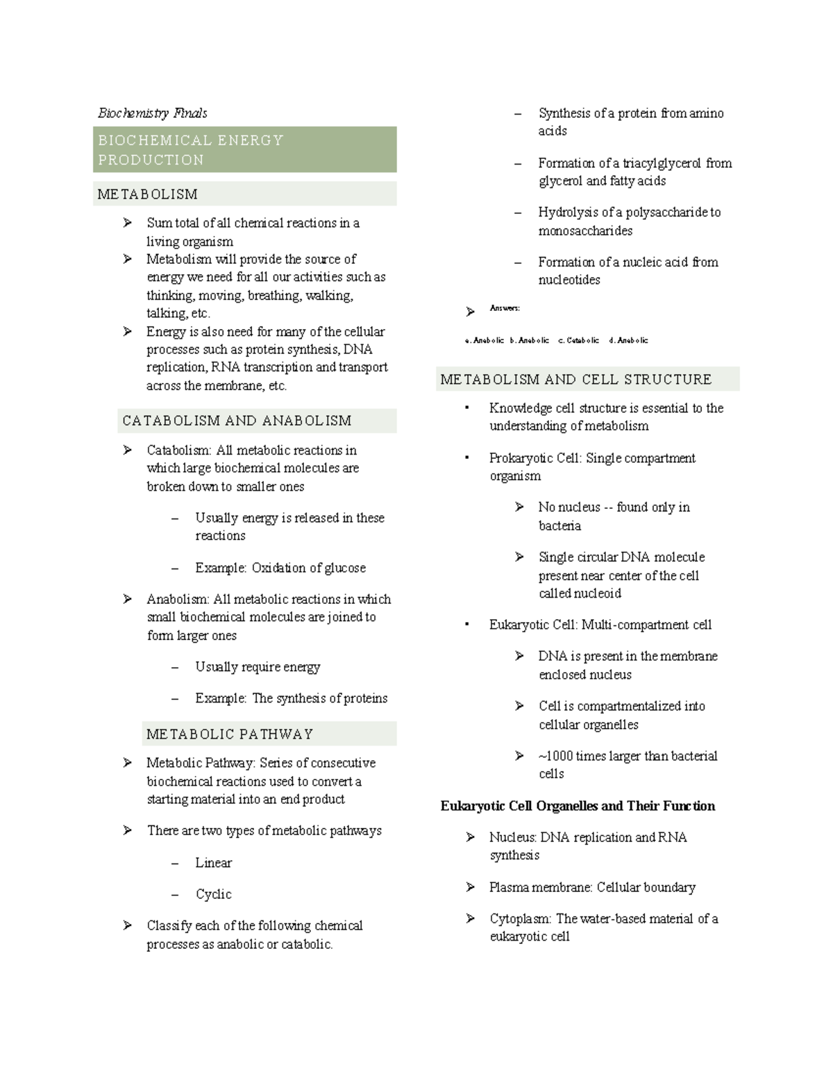 Biochemistry Finals Review – Biochem 101, 1st Year - Studocu