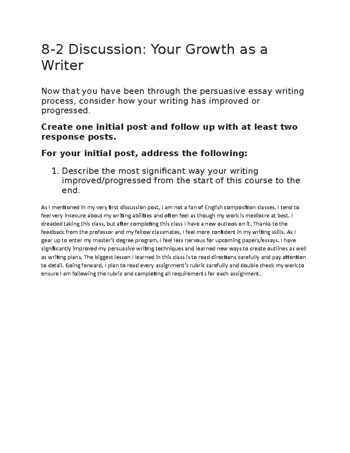 ENG 101: Reflecting on Growth as a Writer - 8-2 Discussion Post - Studocu