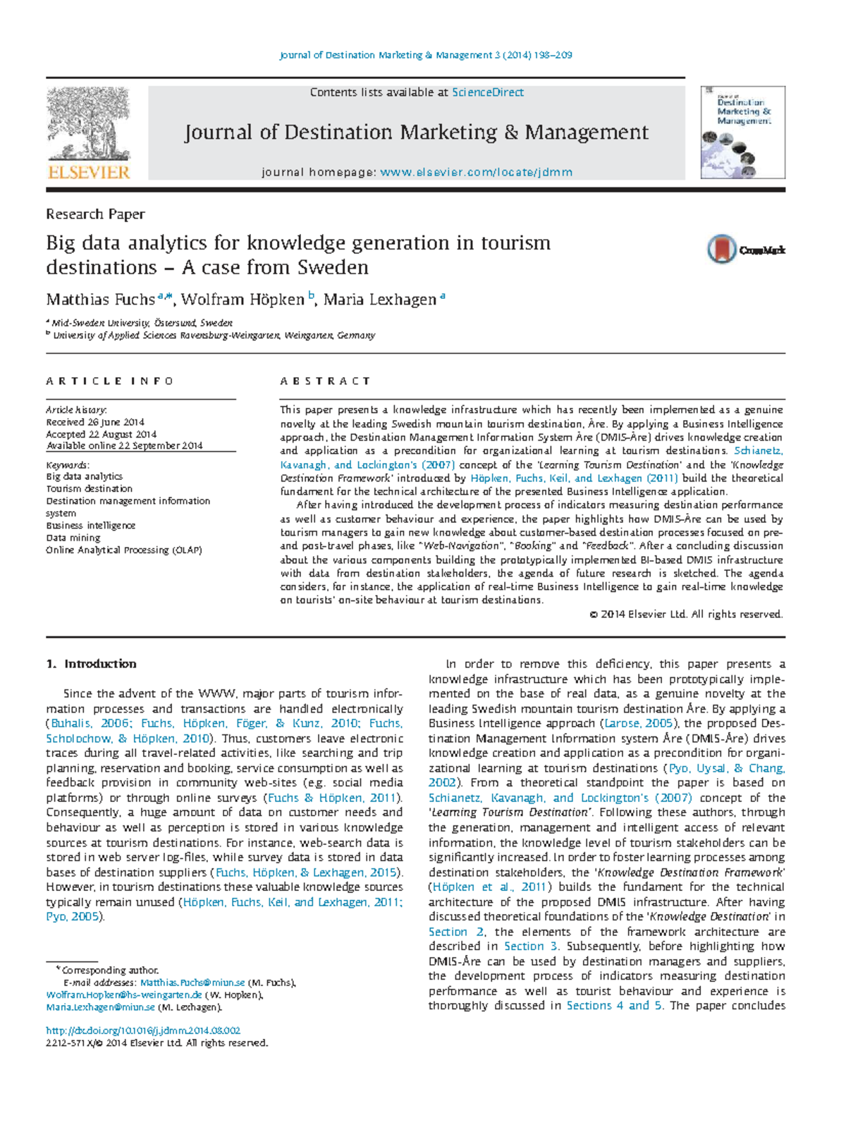 Big Data Analytics for Knowledge Generation in Tourism Destinations (DM ...