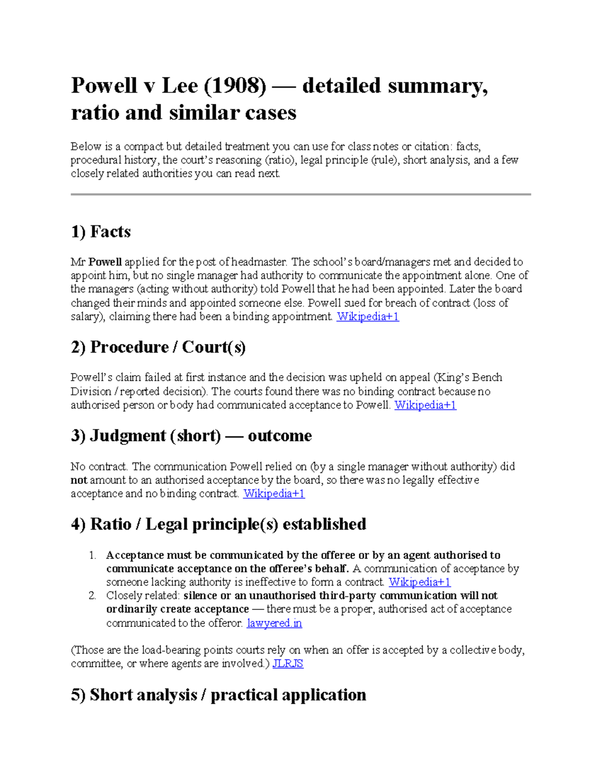POWELL V LEE (1908) Case Summary, Ratio & Related Authorities - Studocu