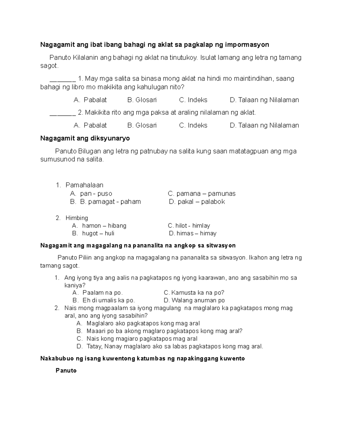 Ibat Ibang Bahagi ng Aklat sa Paggamit ng Impormasyon: Test Guide - Studocu
