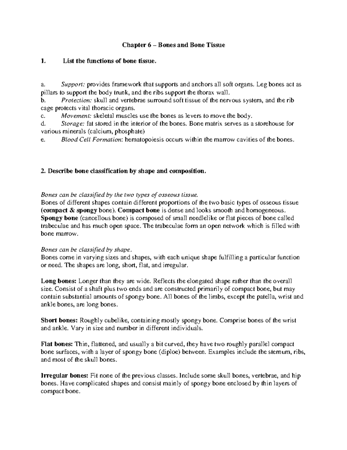CH6 Notes - Anatomy & Physiology 1: Bones & Bone Tissue Functions - Studocu
