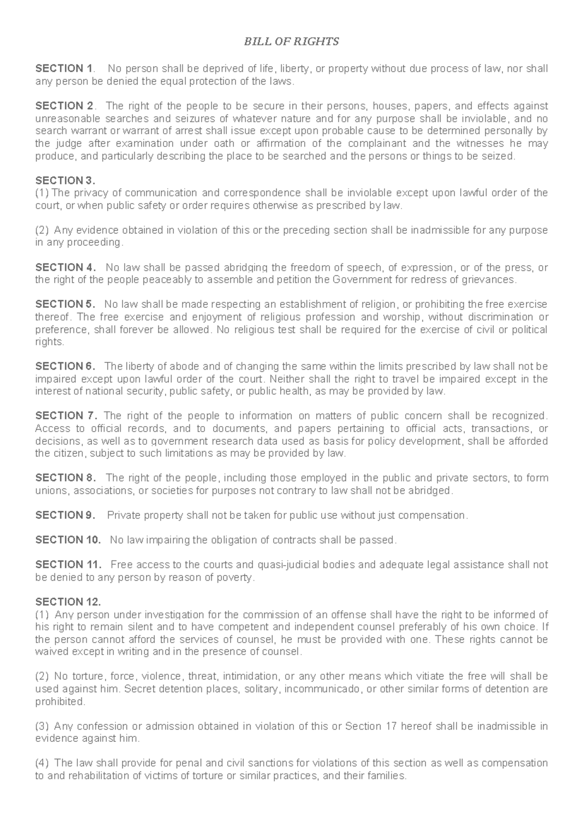 BILL OF RIGHTS: Key Provisions and Legal Protections - Studocu