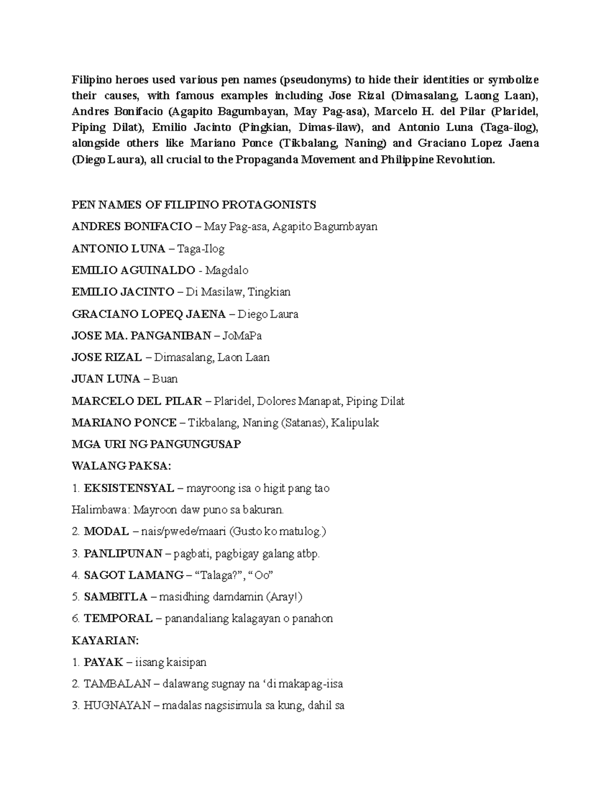 PEN NAMES OF FILIPINO HEROES AND LITERARY FIGURES - Studocu