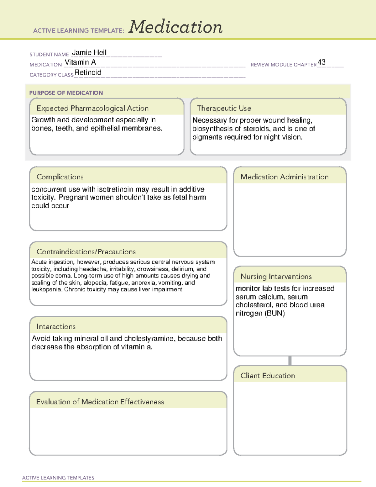 Vitamin A Medication Card - Active Learning Template - Studocu
