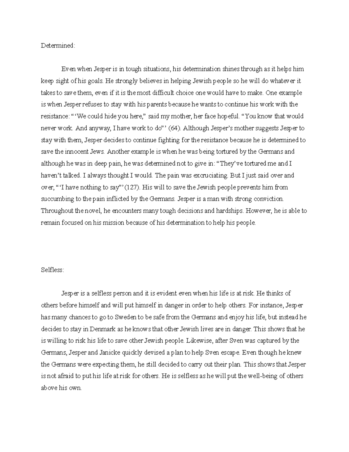 Jesper's Traits: Determination and Selflessness in Adversity - Studocu