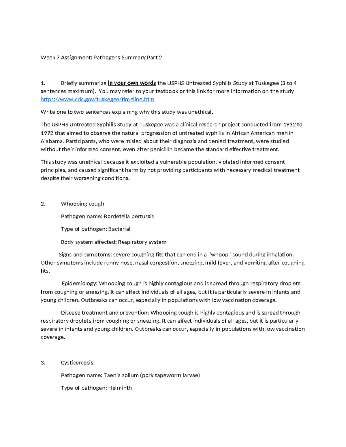 BIOS242 Week 7 Assignment: Summary of Pathogens and Ethics - Studocu