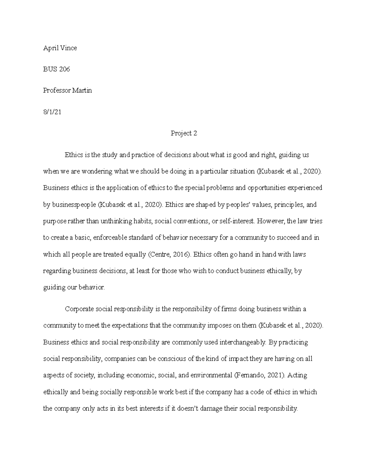 BUS 206 - Project 2: Ethics and Social Responsibility in Business - Studocu