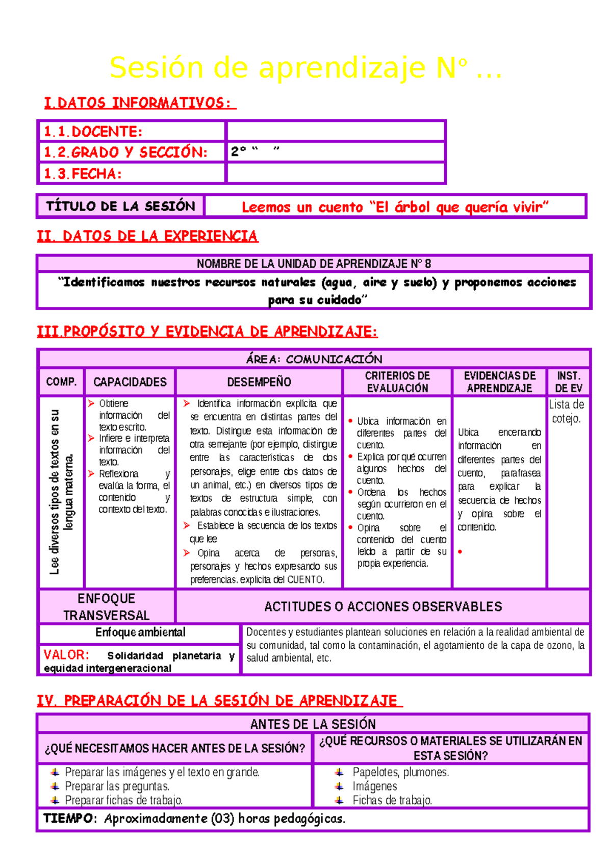 Sesión de Aprendizaje: Leemos un Cuento - El Árbol que Quería Vivir ...