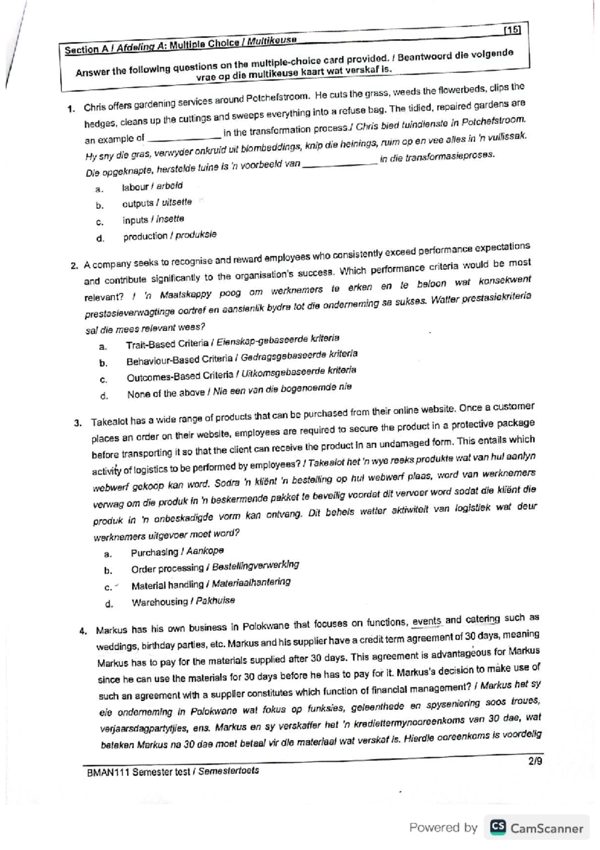 BMAN111 2024 Semester Test: Multiple Choice & Case Study Questions ...