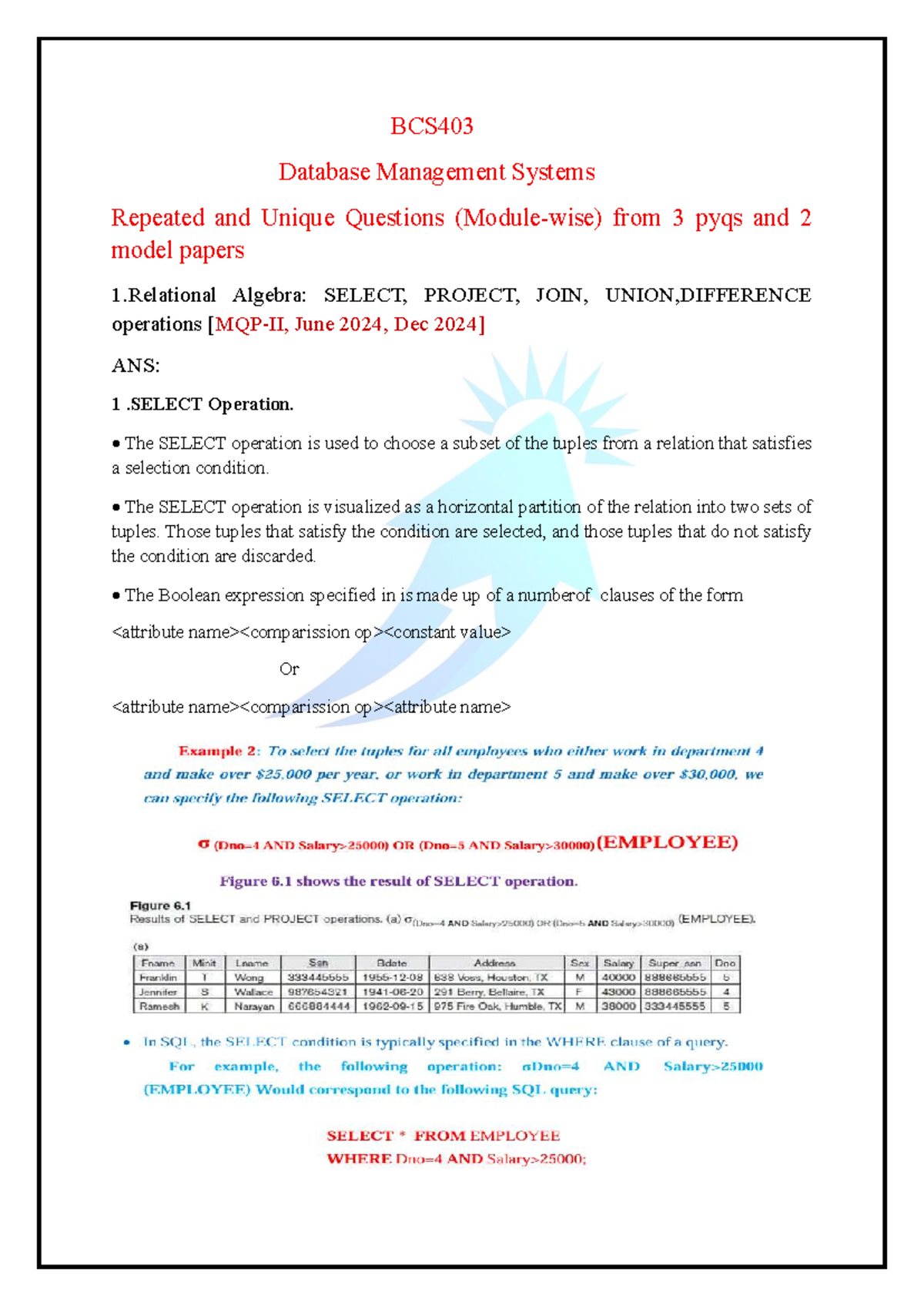 BCS403 Database Management Systems: Key Concepts & Operations - Studocu