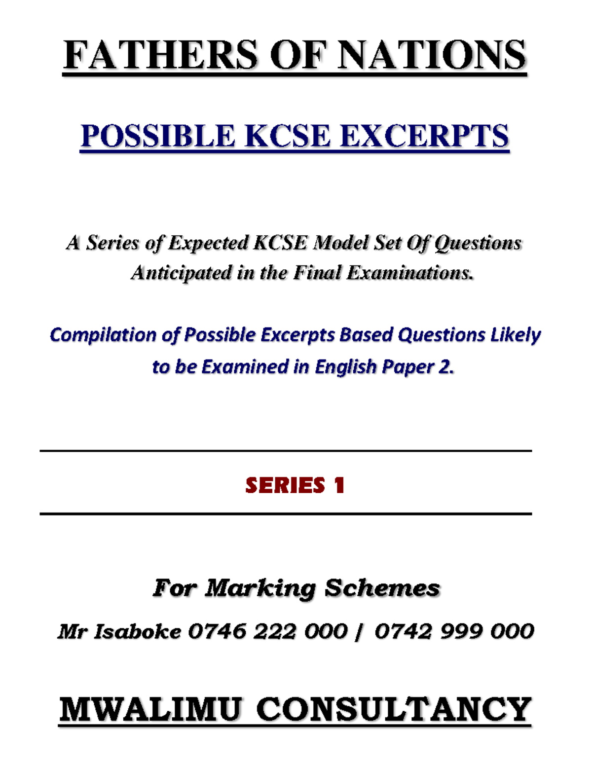 Possible KCSE Excerpts Compilation: Key Questions & Analysis (S1) - Studocu