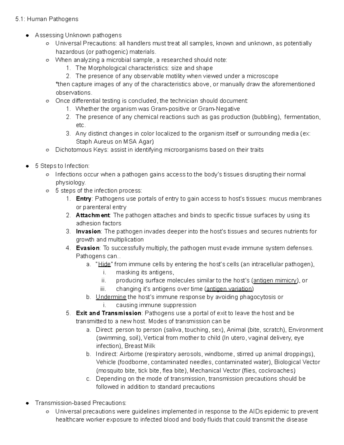 Module 5: Human Pathogens and Universal Precautions Overview - Studocu
