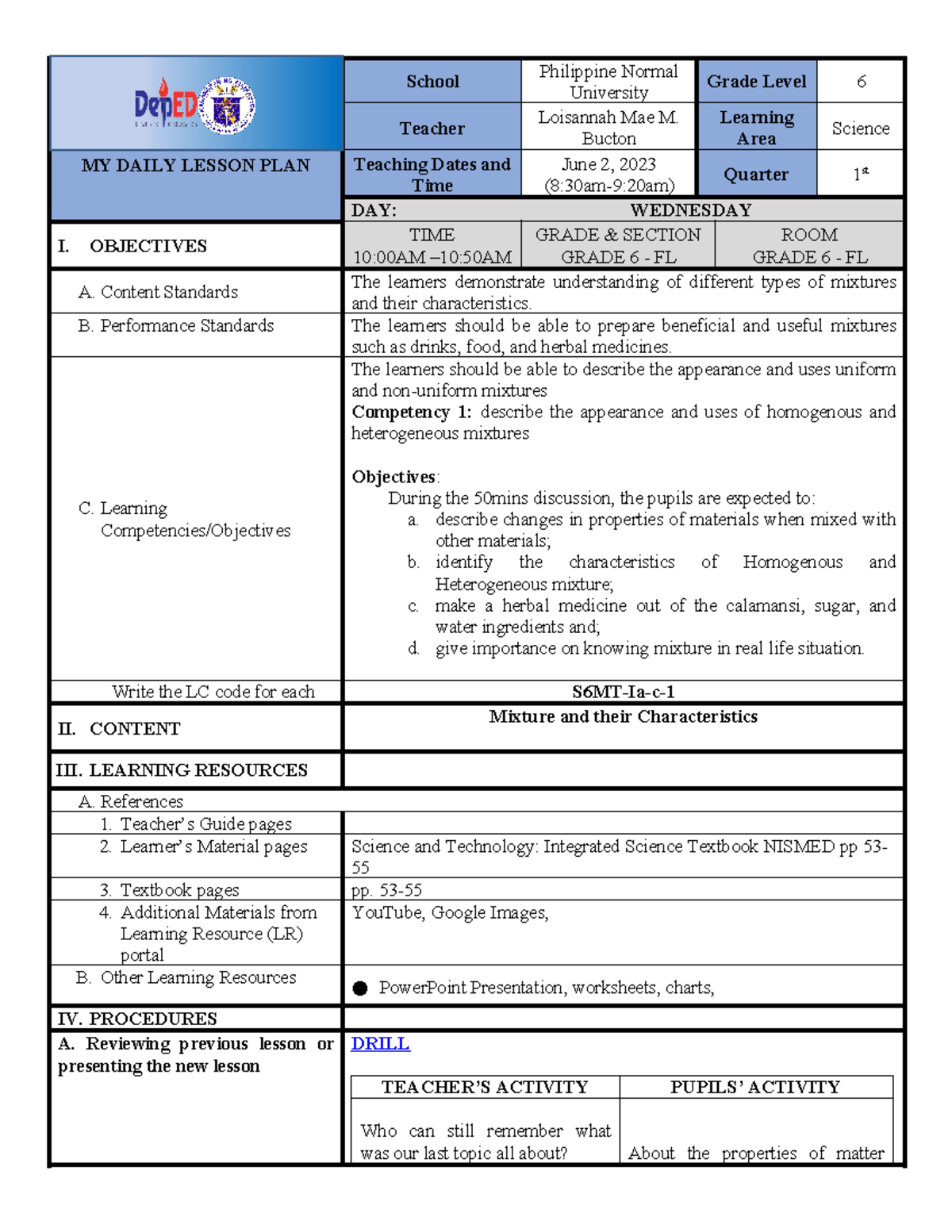 Dep Ed Lesson Plan: Types of Mixtures for Grade 6 Science - Studocu