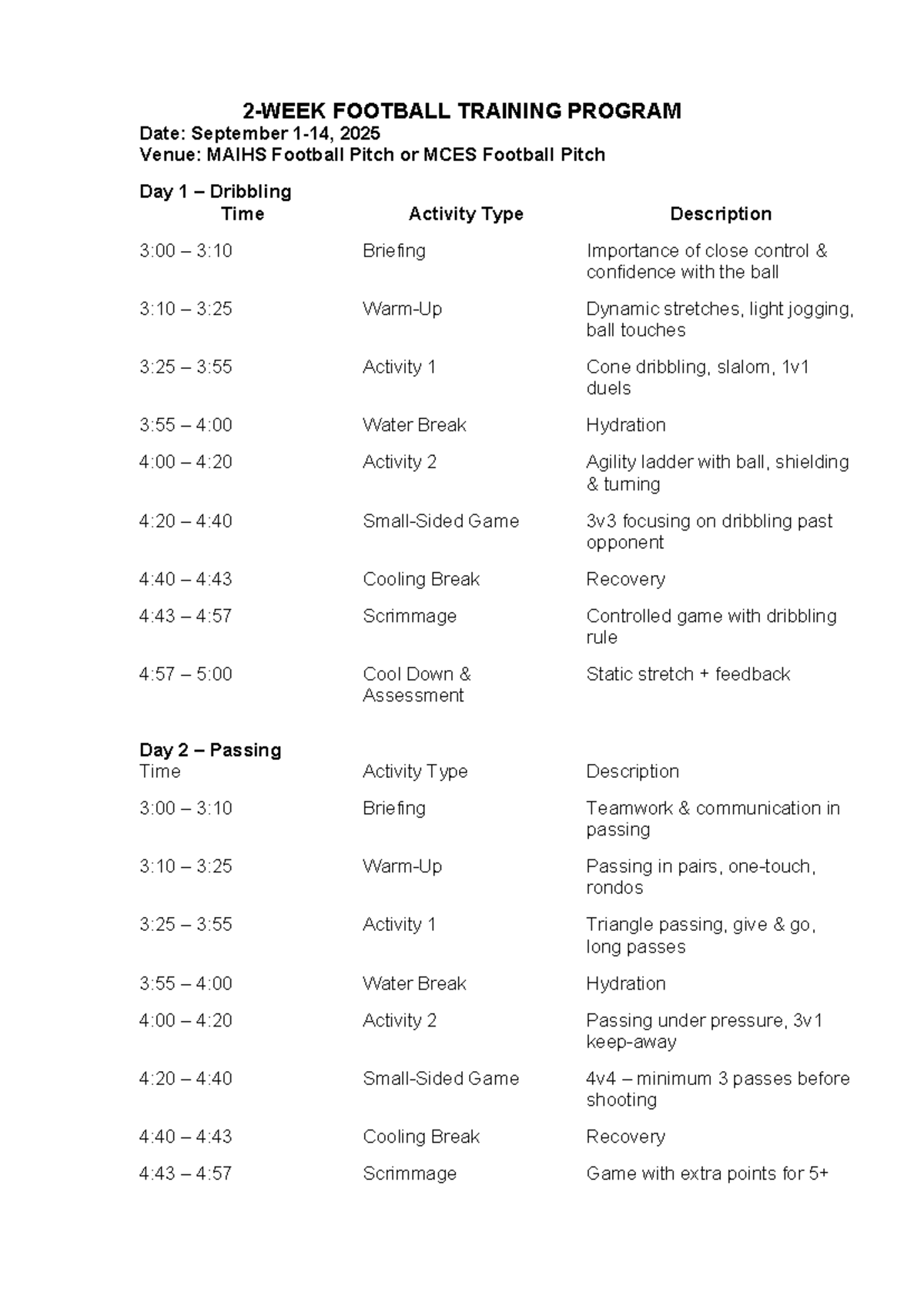 Football Training Program (FTB 101) - Comprehensive 14-Day Schedule ...