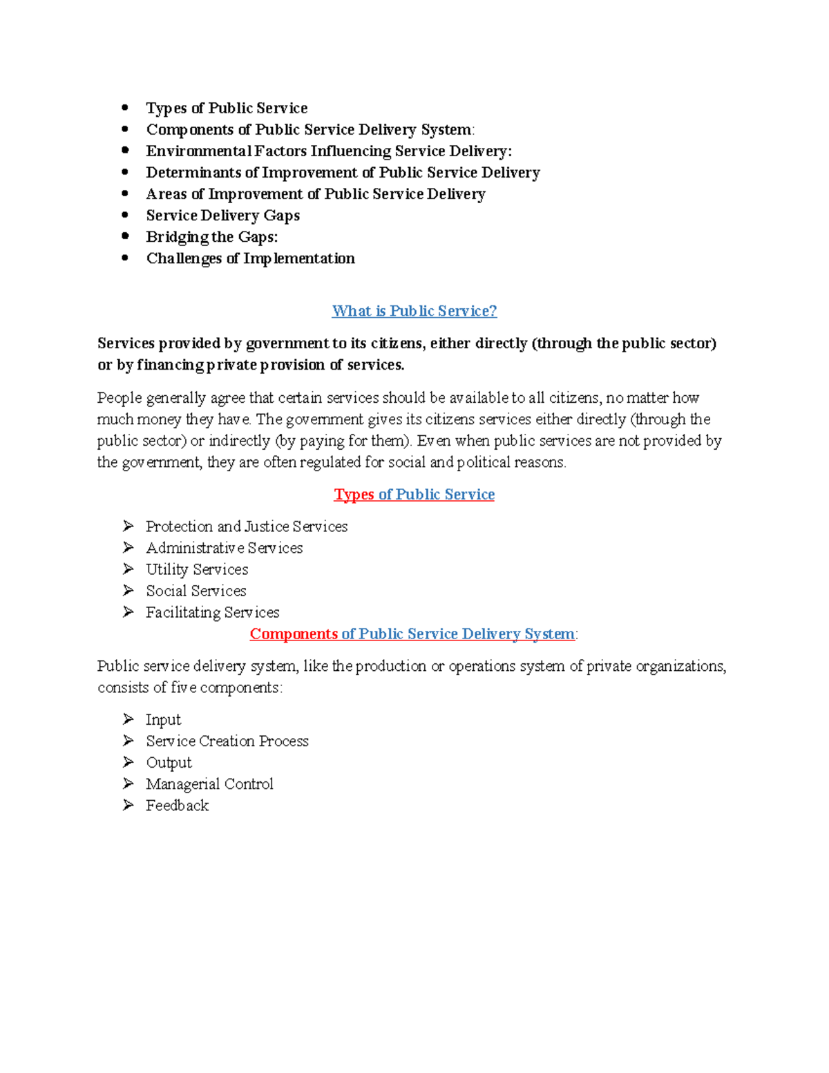 Public Service delivery system - Types of Public Service Components of ...