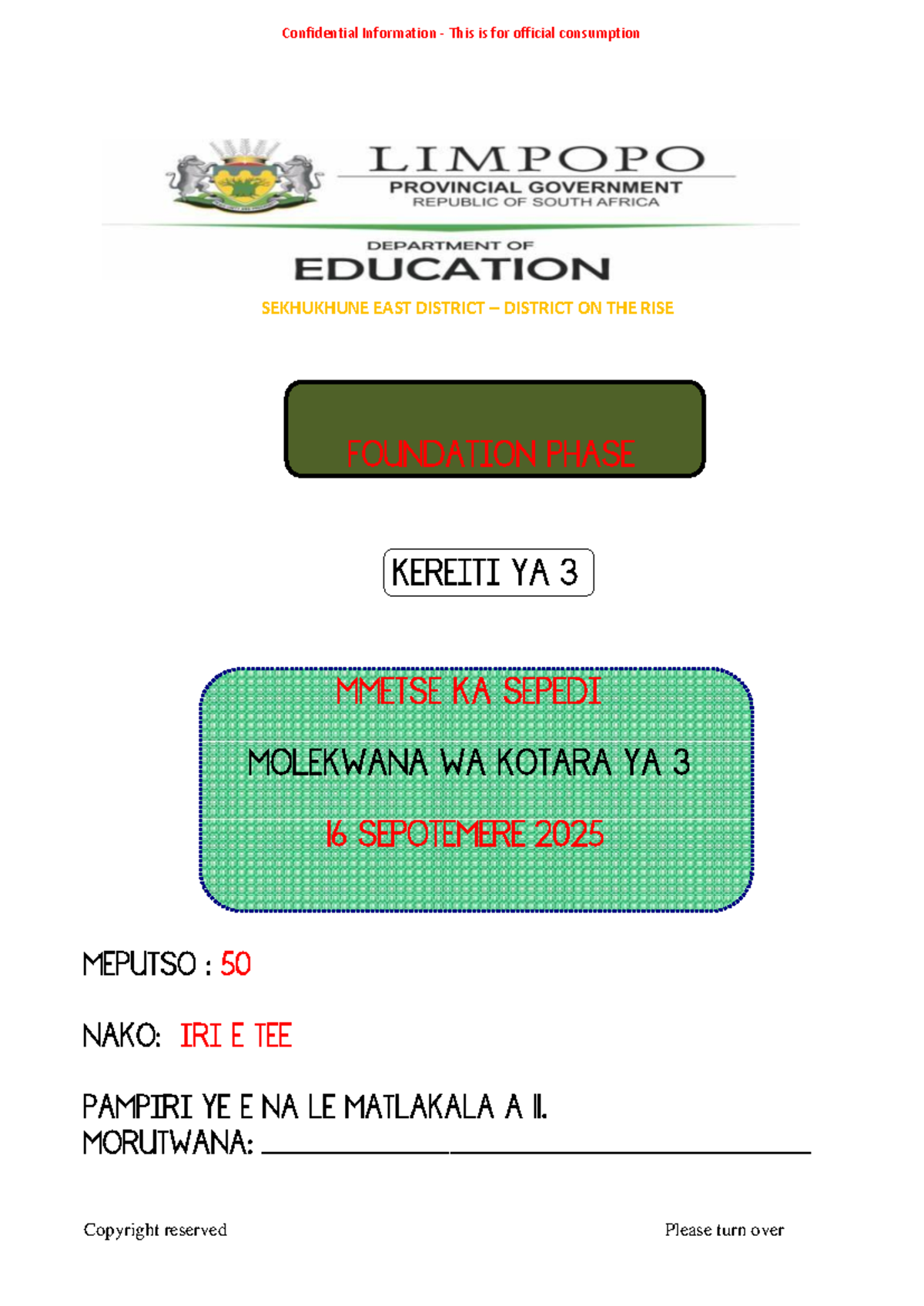 Grade 3 Maths Assessment Task in Sepedi 2025 Term 3 - Studocu