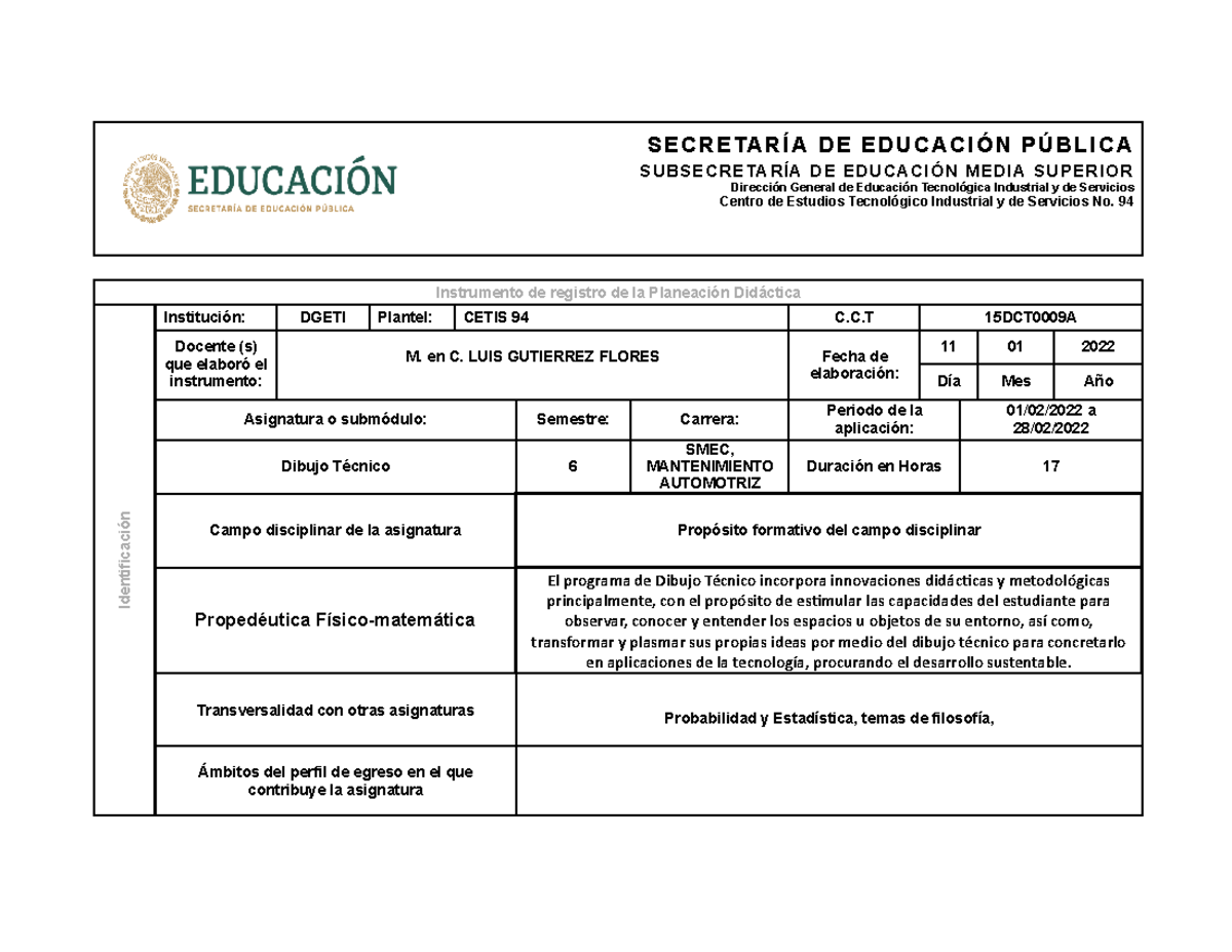 Planeación Didáctica Dibujo Técnico 2022 - CETIS 94 - Studocu