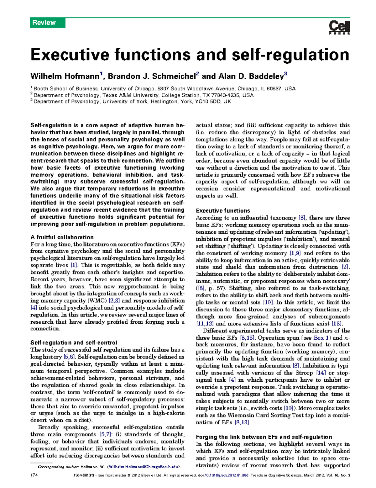 Executive Functions and Self-Regulation: Insights and Mechanisms (PSY ...