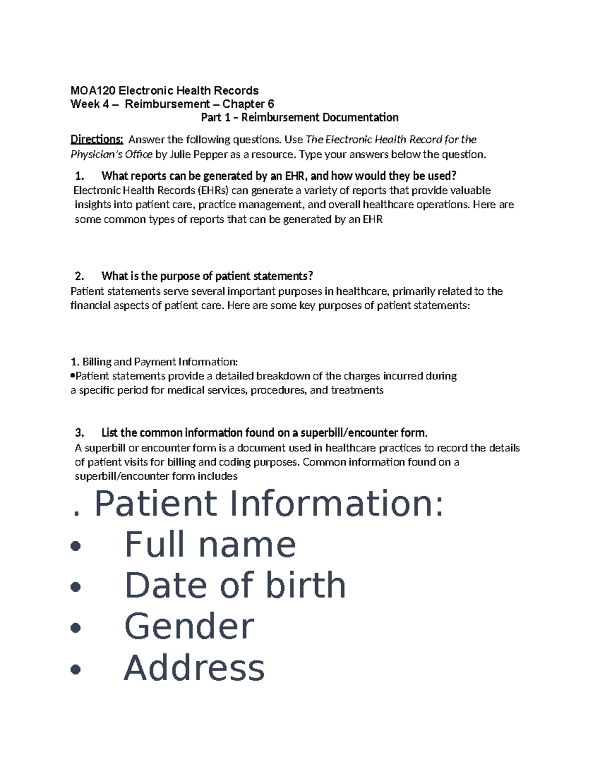 MOA120 Wk4 Assignment - Reimbursement Worksheet & EHR Concepts - Studocu