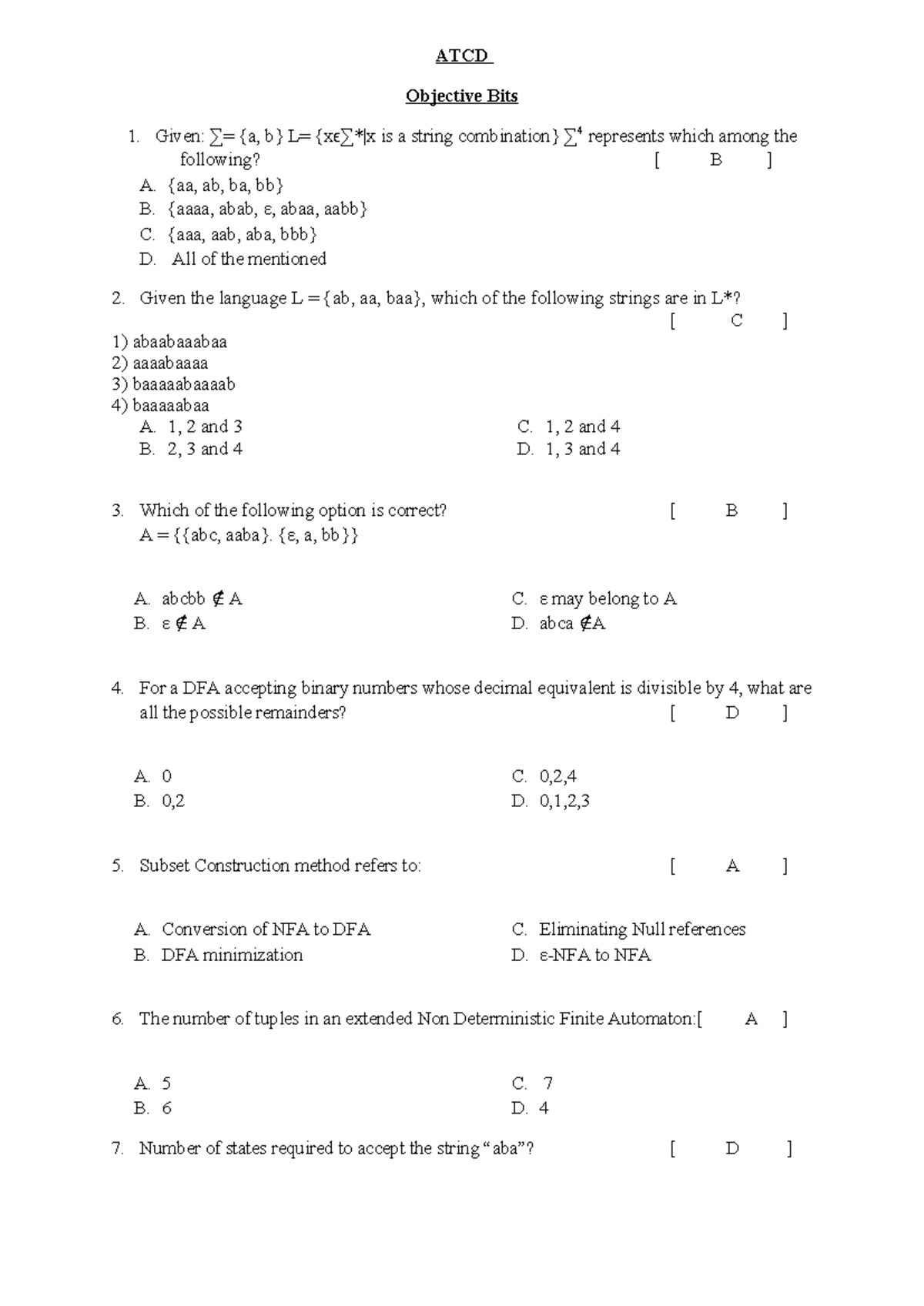 ATCD obj - atcd obj - ATCD Objective Bits Given: ∑= {a, b} L= {x ∑*|x ...